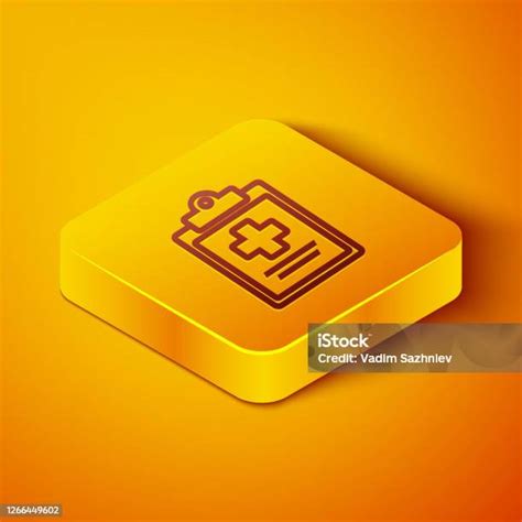 주황색 배경에 격리된 임상 기록 아이콘이 있는 등색 선 의료 클립보드 건강 보험 양식 처방전 건강 검진 표시 보고서 노란색 정사각형 버튼입니다 벡터 일러스트레이션 3차원