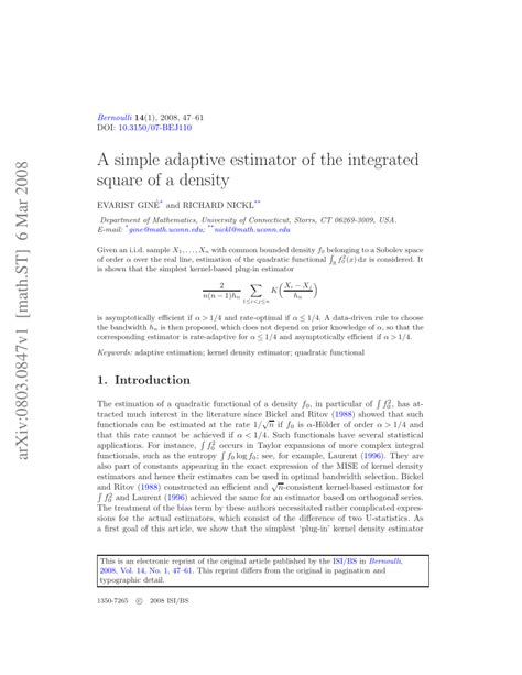 Pdf A Simple Adaptive Estimator Of The Integrated Square Of A Density