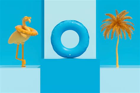 선글라스를 끼고 있는 풍선 플라밍고와 연단에 있는 수영 반지 최소한의 여름 여행 휴가 배경 여름에 대한 스톡 사진 및 기타 이미지 여름 0명 3차원 형태 Istock