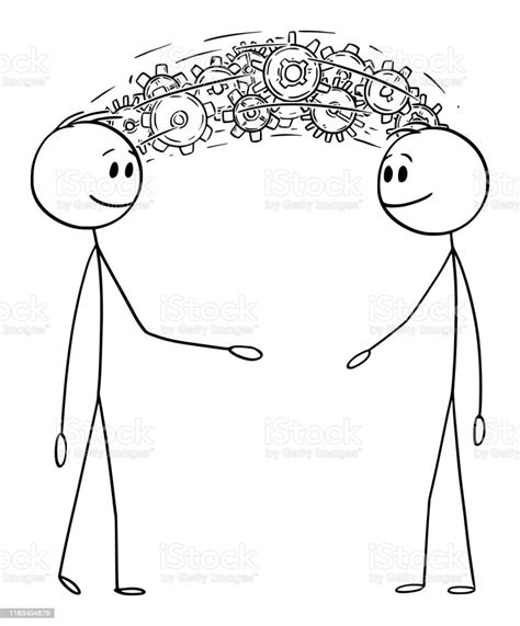 지식과 정보를 공유하거나 개념을 브레인 스토밍 두 남자 또는 사업가의 벡터 만화 그림 스틱피겨에 대한 스톡 벡터 아트 및 기타