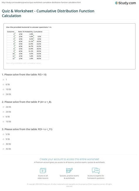 Quiz And Worksheet Cumulative Distribution Function Calculation