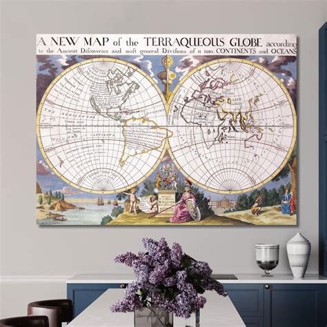 Cuadro Mapa Histórico Del Mundo Con Dos Hemisferios Ilustraciones Antiguas Y Detalles