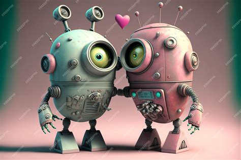 Premium Photo Couple Of Robots Standing Next To Each Other Generative Ai