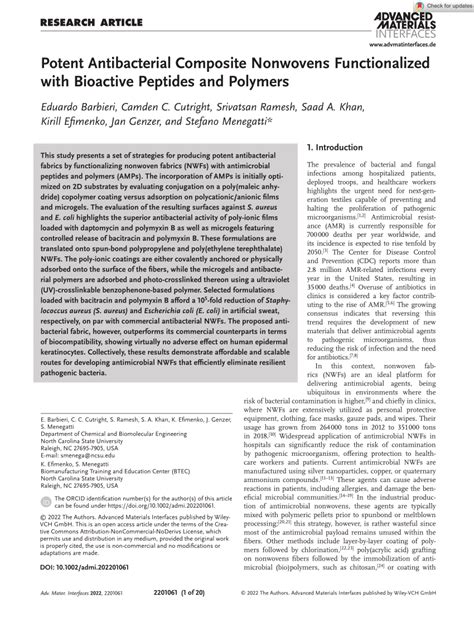 Pdf Potent Antibacterial Composite Nonwovens Functionalized With Bioactive Peptides And Polymers