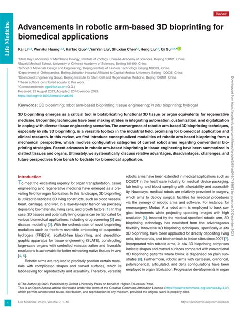 Pdf Advancements In Robotic Arm Based 3d Bioprinting For Biomedical Applications