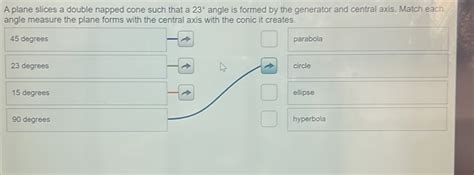 solved a plane slices a double napped cone such that a 23° angle is