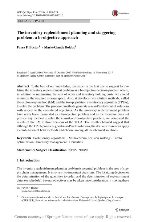The Inventory Replenishment Planning And Staggering Problem A Bi Objective Approach Request Pdf