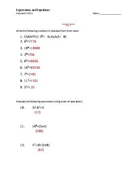 Expressions And Equations Exponets Worksheet EE By HennionLane