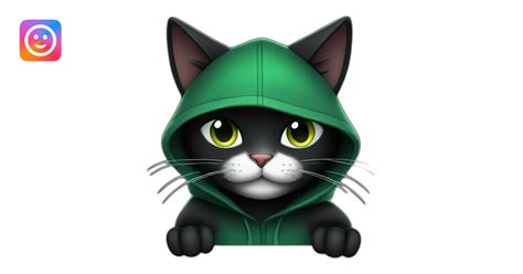 Green Hooded Black Cat Assassin Waving Emoji Ai Emoji Generator