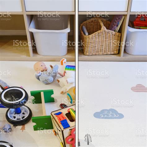 청소 전후에 장난감과 깨끗한 보육원이 흩어져있는 어린이 방 바닥에 흩어져있는 장난감과 상자에 담긴 물건으로 인한 혼란 청결의 조직 0명에 대한 스톡 사진 및 기타 이미지