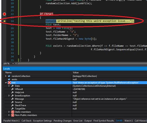 Visual Studio C Odd Null Reference Exception During Testing Why Does This Happen Stack