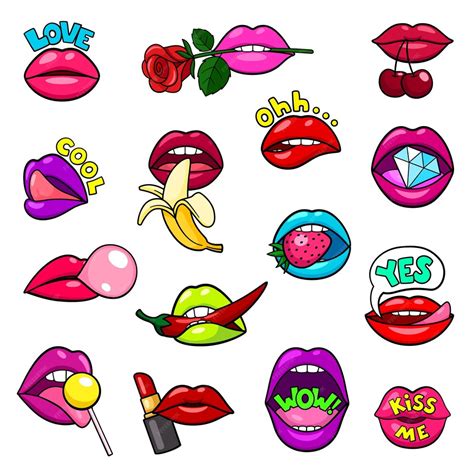 Premium Vector Lips Stickers Comic Patch Girl Kiss Badges Pink Rose