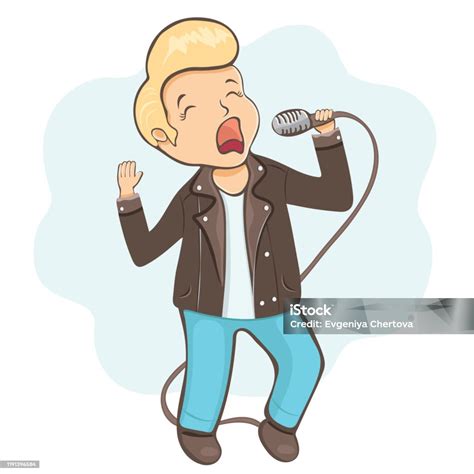 마이크 만화 캐릭터 손 그리기 스티커에 노래하는 남자 가죽 재킷에 Coc에 누워 머리를 가진 소년은 흰색 배경에 고립 된 그의 손에 마이크를 들고있다 벡터 일러스트레이션