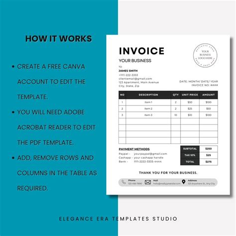 Printable Invoice Custom Form Template Editable Blank Invoice Canva Template Minimalist Business