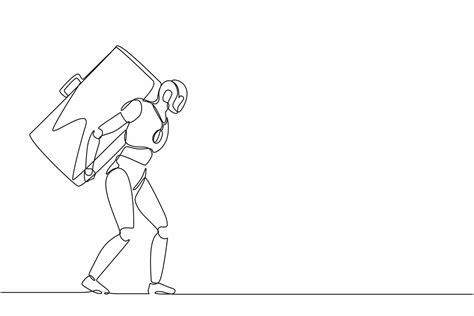 Continuous One Line Drawing Robots Standing And Carrying Heavy Huge Briefcase Humanoid Robot