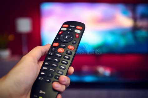 Hands Hold Television Remote Controller On The Blurred Tv Background