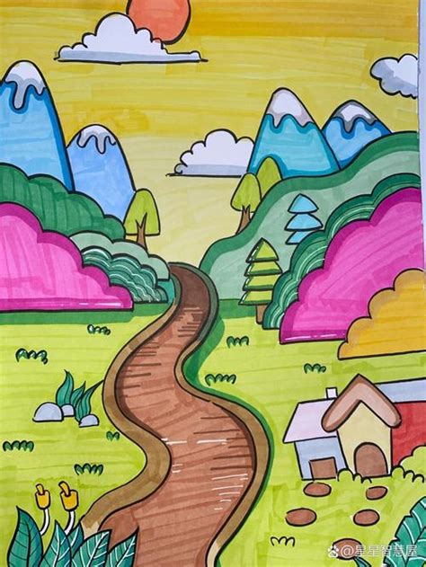 蓝天草地公路儿童画简单（共16张） 儿童画图片大全