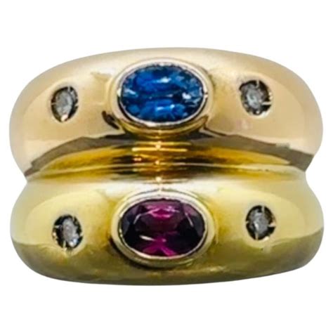 Vintage Manfrdi Twin Diamond Sapphire Ruby Ring 18 Karat Yellow And