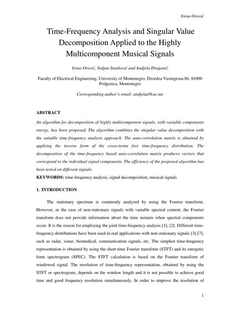 Pdf Time Frequency Analysis And Singular Value Decomposition Applied To The Highly