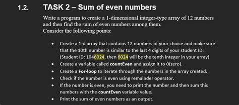 solved 1 2 task 2 sum of even numbers write a program to