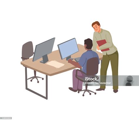 사무실에서 일하는 직원 작업 공간에서 이야기하는 고립된 사람들 상사 또는 관리자에 의해 중단 된 컴퓨터 옆에 앉아있는 남자 평면