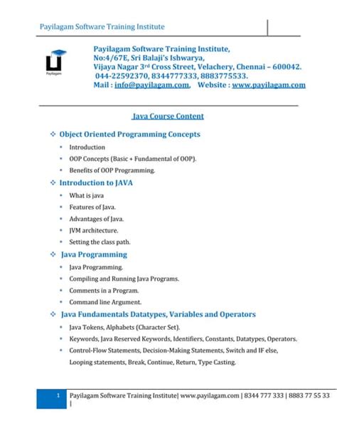 java training in chennai payilagam syllabus pdf databases