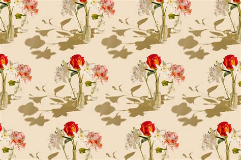 그림자가 있는 파스텔 햇볕에 쬐인 배경에 유리 꽃병에 아름다운 꽃으로 만든 창의적인 패턴 자연 개념입니다 최소한의 스타일 생일 선물 인사말 카드 테마 0명에 대한 스톡 사진