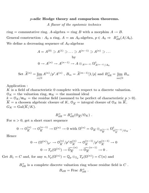 P Adic Hodge Theory And Comparison Theorems