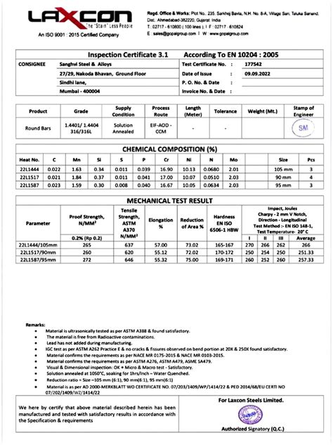 inspection certificate 3 1 according en 10204 2005 pdf