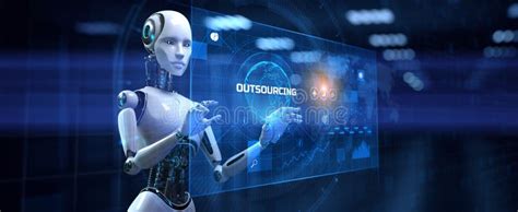 Outsourcing Process Automation Robot Pressing Button On Screen 3d Render Stock Illustration