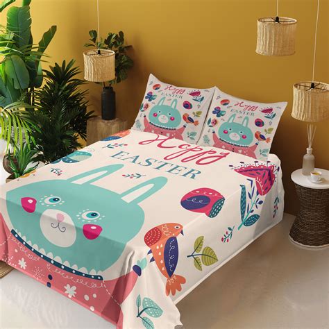 Ambesonne Easter Sheet Set Happy Bunny Butterfly Egg Seafoam And Dark