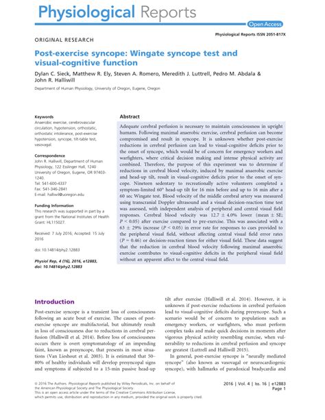 Pdf Post‐exercise Syncope Wingate Syncope Test And Visual‐cognitive