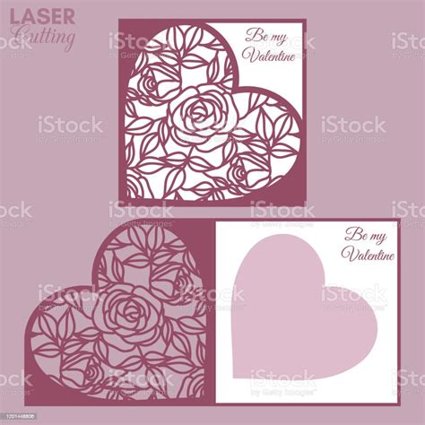 브로셔 결혼식 초대장 또는 발렌타인 데이 인사말 카드에 대한 장미와 잎 패턴 하트 접이식 카드의 레이저 컷 템플릿 결혼식에 대한 스톡 벡터 아트 및 기타 이미지 Istock
