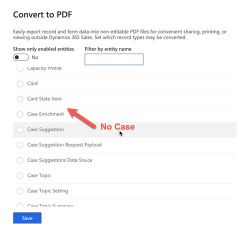 enabling export to pdf command on case entity in dynamics 365