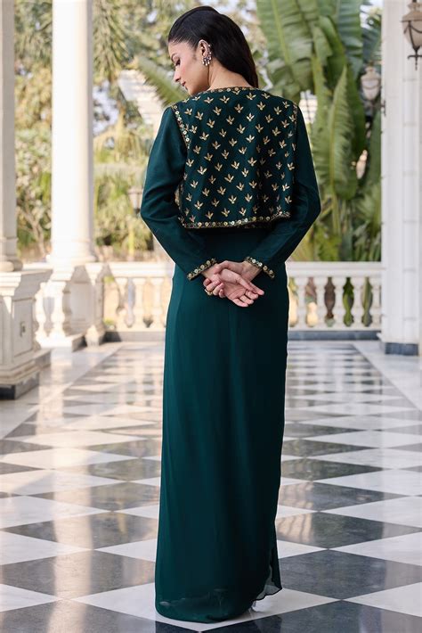 Emerald Green Raw Silk And Georgette Hand Embroidered Jacket Set By