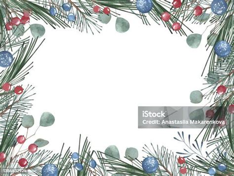 메리 크리스마스 배너와 겨울 녹색 잎 유칼립투스와 빨간색 파란색 딸기 장식 일러스트 크리스마스 배경 그래픽 초대 장 축하 겨울