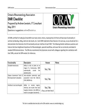 Fillable Online Ontario Rheumatology Association EMR Checklist Fax Email Print PdfFiller