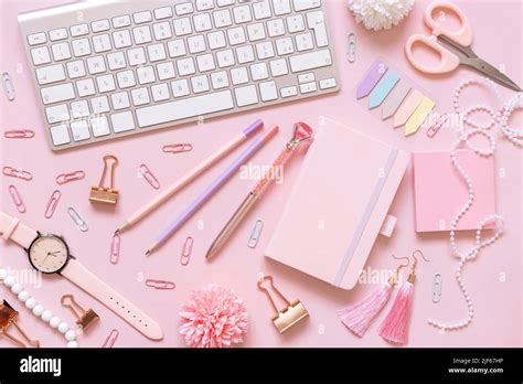 Hardcover Notebook Pink School Accessories And Keyboard On Light Pink