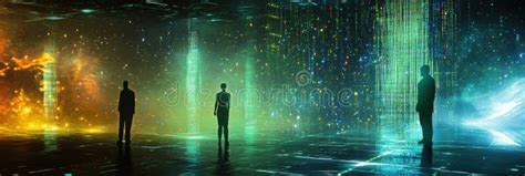 Exploring An Abstract Digital World With Human Silhouettes And Floating Matrix Code In A