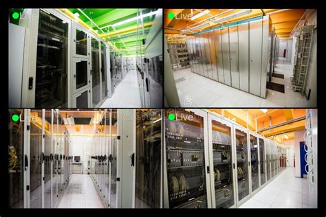 Composition Of Four Security Camera Screens With Live Text And Computer Server Rooms Stock Image