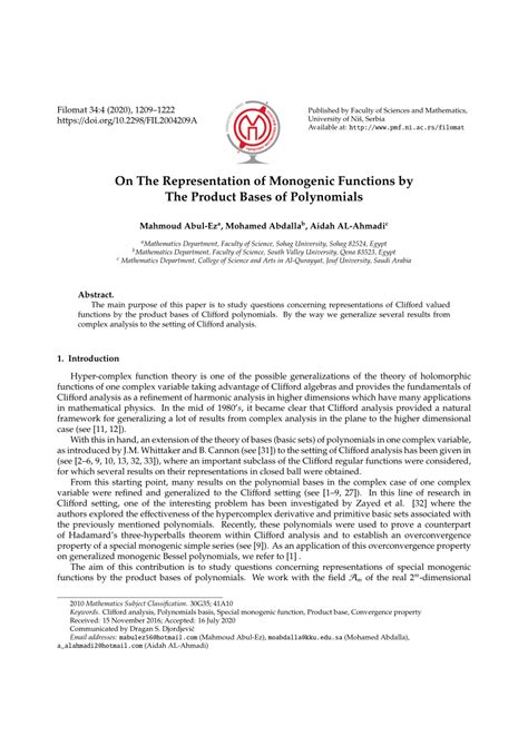 Pdf On The Representation Of Monogenic Functions By The Product Bases Of Polynomials