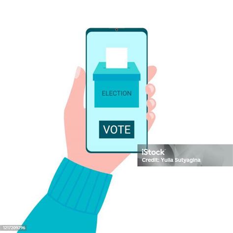 스마트 폰 화면에서 온라인 투표 개념 투표 상자와 유권자가 선택합니다 투표용지를 투표함에 넣습니다 온라인 전자 투표 및 선거 개념 벡터 일러스트레이션 Referendum에