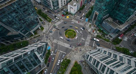 Urban Aerial View Of A Roundabout Intersection Modern Buildings Stock Illustration