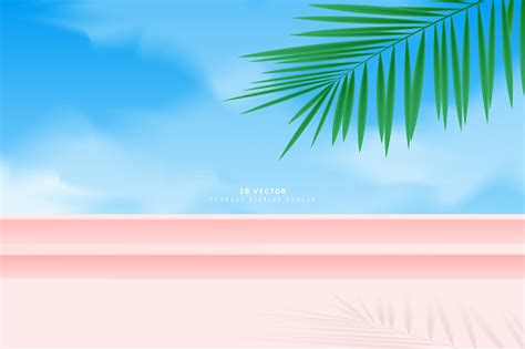 추상적인 3d 분홍색 받침대 연단 계단 사다리 구름 푸른 하늘 코코넛 야자수 잎 3d 벡터 기하학적 플랫폼 디자인 쇼 제품 화장품을 위한 무대 모형을 위한 최소한의 장면 0