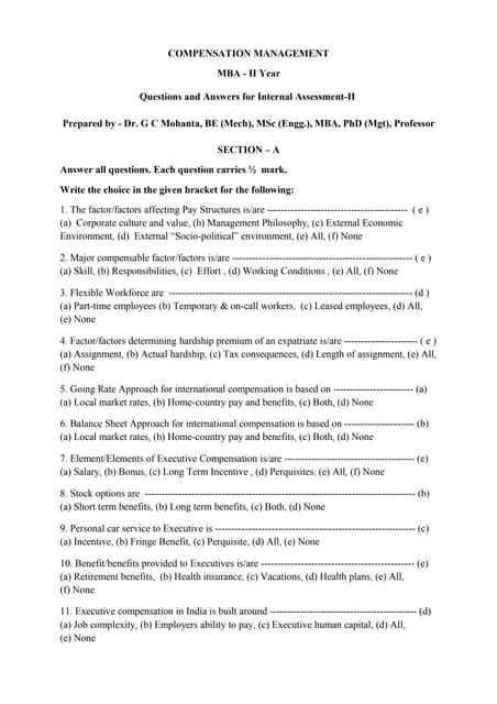 Compensation Management Question Paper For Assignments Doc