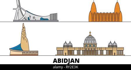 Cote Divoire, Abidjan flat travel skyline set. Cote Divoire, Abidjan black city vector ...
