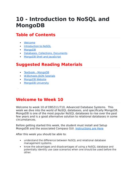 DBS Week Notes Introduction To NoSQL And MongoDB Table Of