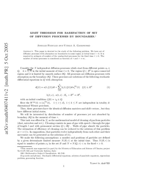 Pdf Limit Theorems For Rarefaction Of Set Of Diffusion Processes By