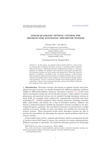 Pdf Linear Quadratic Optimal Control For Discrete Time Stochastic