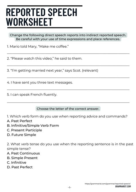 Reported Speech Rules Examples Worksheet